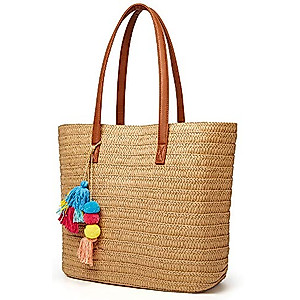 Obosoyo Straw Bags Beach Bag for Women Large Round Wicker Tote Bags Pompom Shoulder Bag Summer Purse (D-Khaki)