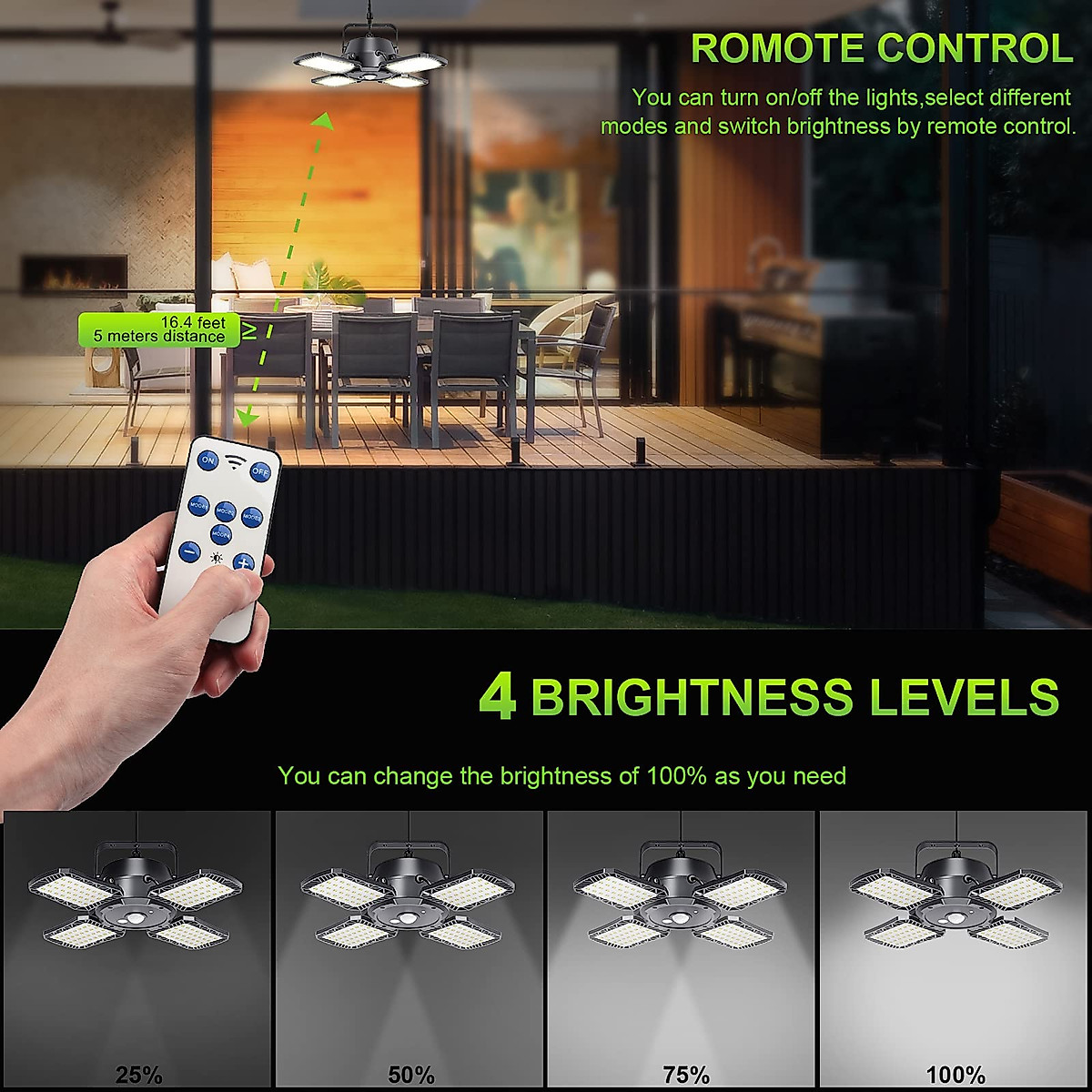 Solar Shed Light Outdoor/Indoor, 4-Leaf Solar Pendant Light 1000LM 128-LED with 4 Lighting Modes Remote Control, IP65 120° Adjustable Motion Sensor Light for Home Yard Garage Barn