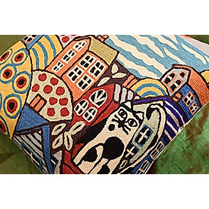 Kashmir Designs Blue Coastal Throw Pillow Cover | Karla Gerard Seaside Cat Pillow | Folklore Pillowcase | Nautical Chair Cushion | Flower Couch Pillow | Hand Embroidered Cushions Wool Size - 18x18