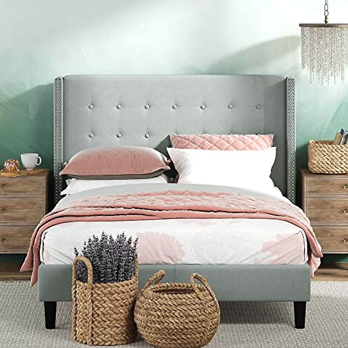 ZINUS Kendra Upholstered Platform Bed Frame with Wingback Headboard / Mattress Foundation / Wood Slat Support / No Box Spring Needed / Easy Assembly, Full