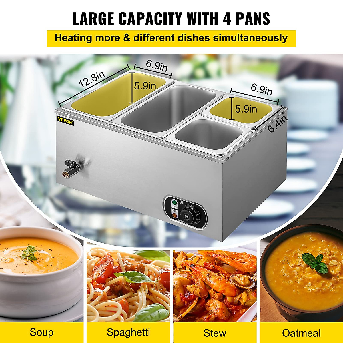 VEVOR 110V Commercial Food Warmer, 4-Pan Stainless Steel Bain Marie 14.8 Qt Capacity,1500W Steam Table 15cm/6inch Deep, Electric Soup Warmer