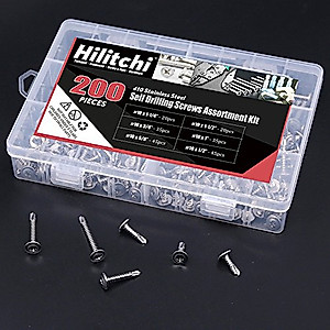 Hilitchi 410 Stainless Steel #10 Wafer Head Phillips Self Drilling Screws Sheet Metal Tek Screws Assortment Kit, Modified Truss Head Self Driller - Size: #10 x 1/2'' - 1-1/2'' - Pack of 200