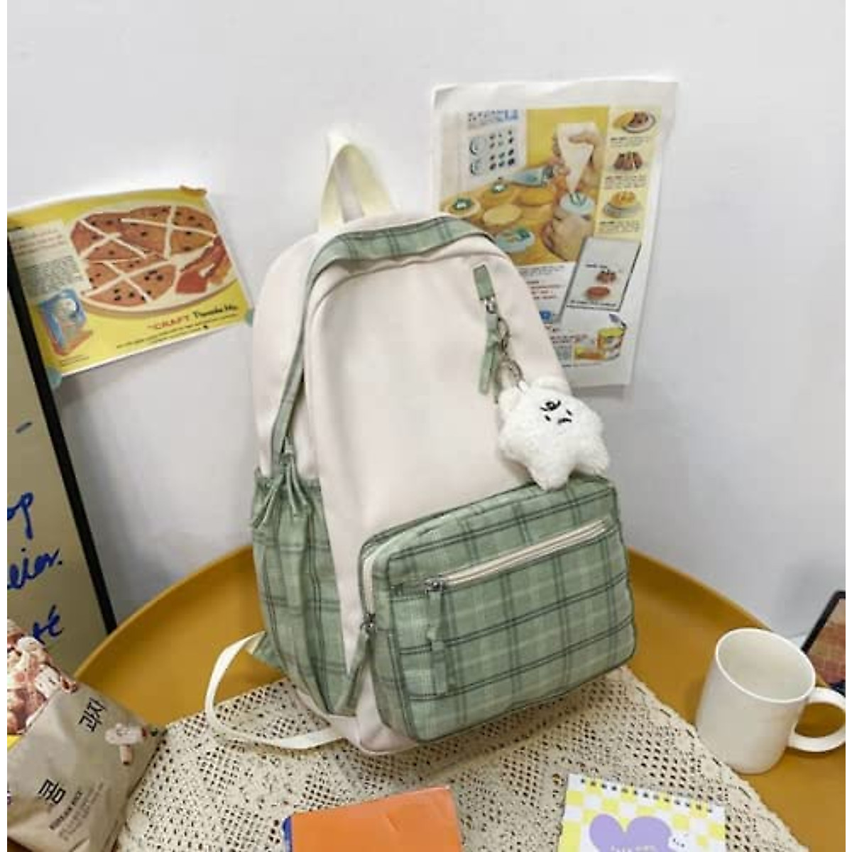 MBVBN Cute Plush Pendant Plaid Backpack Patchwork Travel Student Laptop Bag (Green), Medium