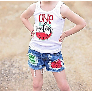LOTUCY 2PCS Baby Girls Boy Clothes One in A Melon Watermelon Tops Tassel Ripped Denim Shorts Set Baby Boy Girl 1st Birthday Outfit