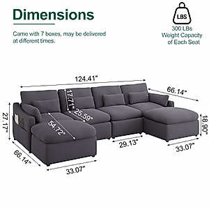 ISHUHL Modular Sectional Sofa, 124.41" U Shaped Couch with Corduroy, Convertible 6 Seat Cloud Couch with Ottomans, Dark Grey Oversized Sectional Couches for Living Room