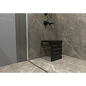 Folding Wall Mounted Teak Wood Handmade Shower Seat, Inside Shower Bathroom Stool for Seniors Disabled Pregnant Handicapped, Foldable Water Resistant Outdoor Bench (Black)