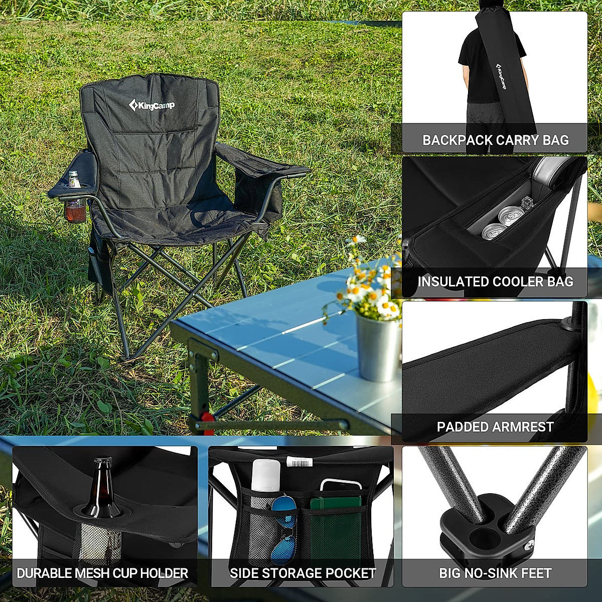 KingCamp Oversized Folding Camping Chair for Adults Portable Outdoor Lawn Heavy Duty with Cooler, Cup Holder, Side Pocket,Carry Bag, 1 Pack, Black