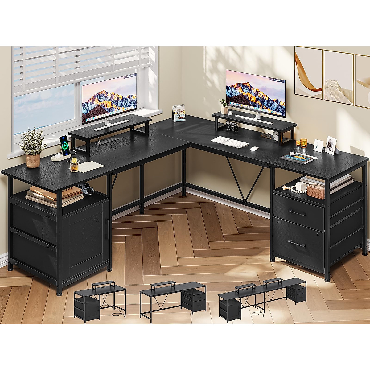 UPOSOJA 67in L Shaped Computer Desk with Power Outlets, 90.5in Long Home Office Desks with 2 Monitor Stands, 2PC Small Corner Table, Storage Cabinet Rack Drawers(Black)