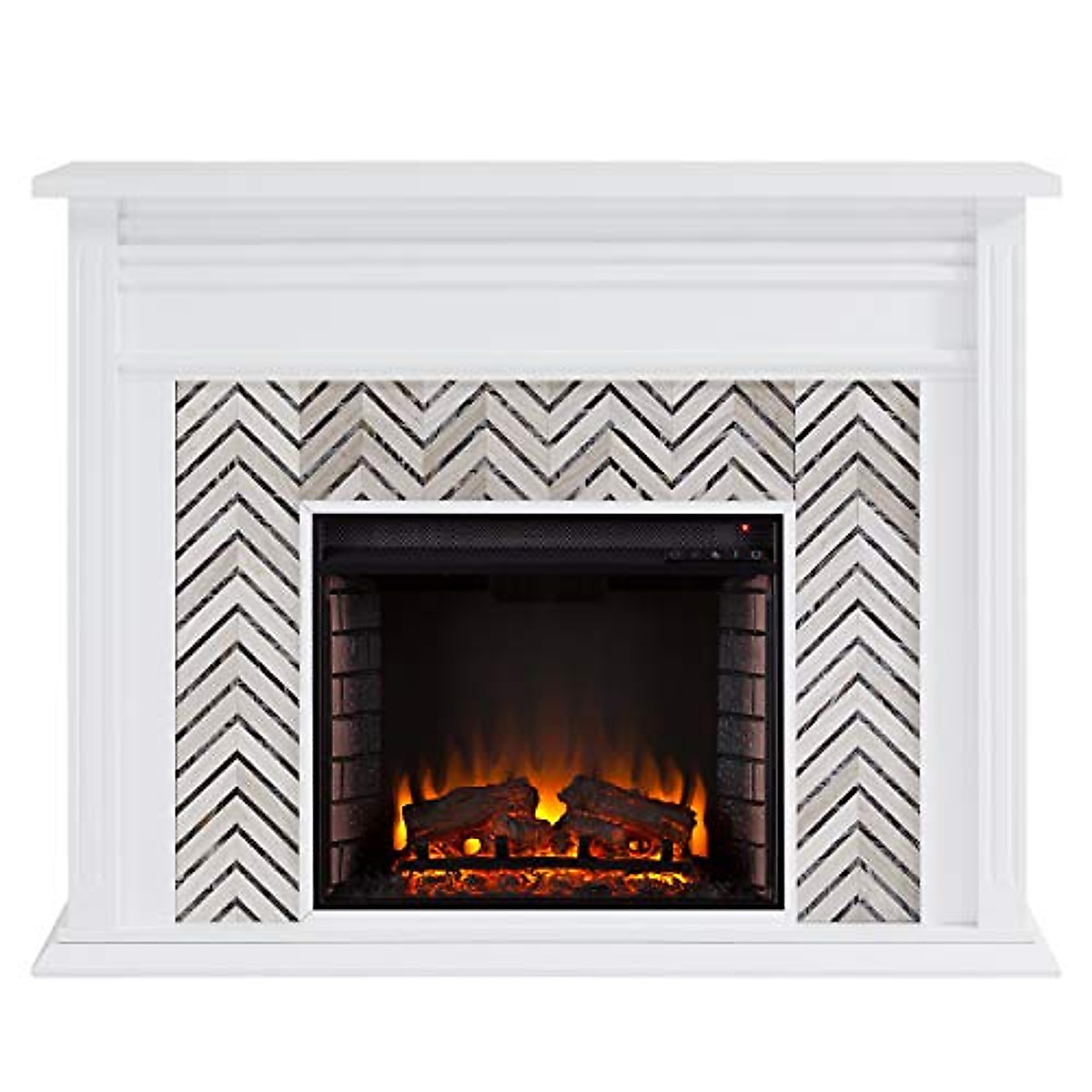 SEI Furniture Hebbington Carrara Marble Tiled Electric Fireplace, White-Gray