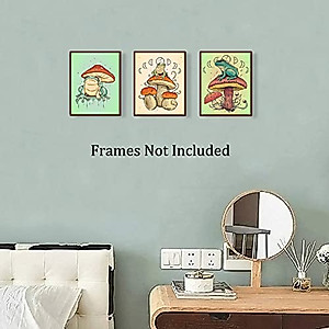 Funny Frog Posters Vintage Frog Mushroom Wall Art Prints, Retro Cute Frog Mushroom Creativity Nature Illustration Canvas Art Prints for Bathroom Bedroom Living Room Decor, Set of 4-(8”x10”, Unframed)