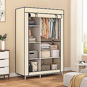 Calmootey Closet Storage Organizer,Portable Wardrobe with 6 Shelves and Clothes Rod,Non-Woven Fabric Cover with 4 Side Pockets,Beige