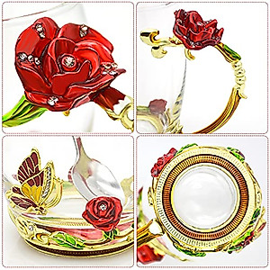 Mothers Day Gift for Mom Enamel Glass Mug Fancy Flower Tea Cup Glass Coffee Mug 12 Oz with Spoon Valentines Day Birthday Graduation Gifts 2023 Bridesmaid Gifts Teacher Appreciation Gifts (Red)