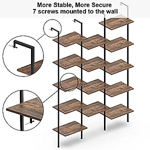 Tohomeor Triple Wide Bookshelf Wall Mounted 5-Tiers Ladder Book Shelf Industrial Wooden and Metal Bookshelf Open Display Storage Rack for Living Room Bedroom Home Office (Rustic Brown, Large)