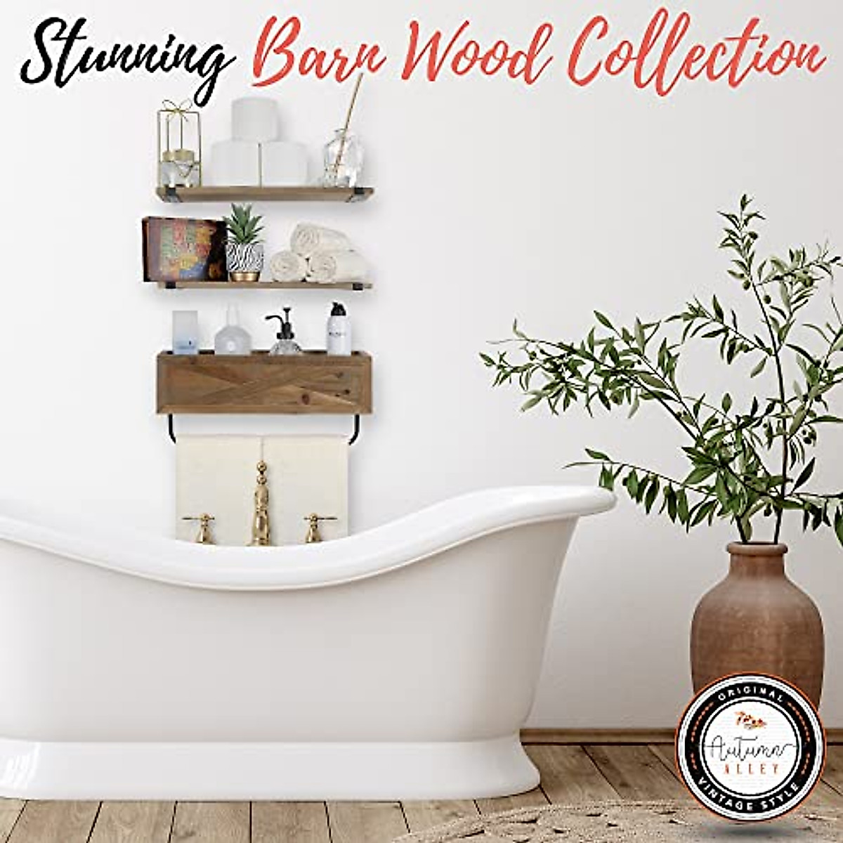 Autumn Alley Rustic Farmhouse Bathroom Shelves Wall Mounted – Industrial Floating Shelves for Bathroom with Towel Bar – Stunning Inlaid Wood Design, Above Toilet Shelves Rustic Towel Rack