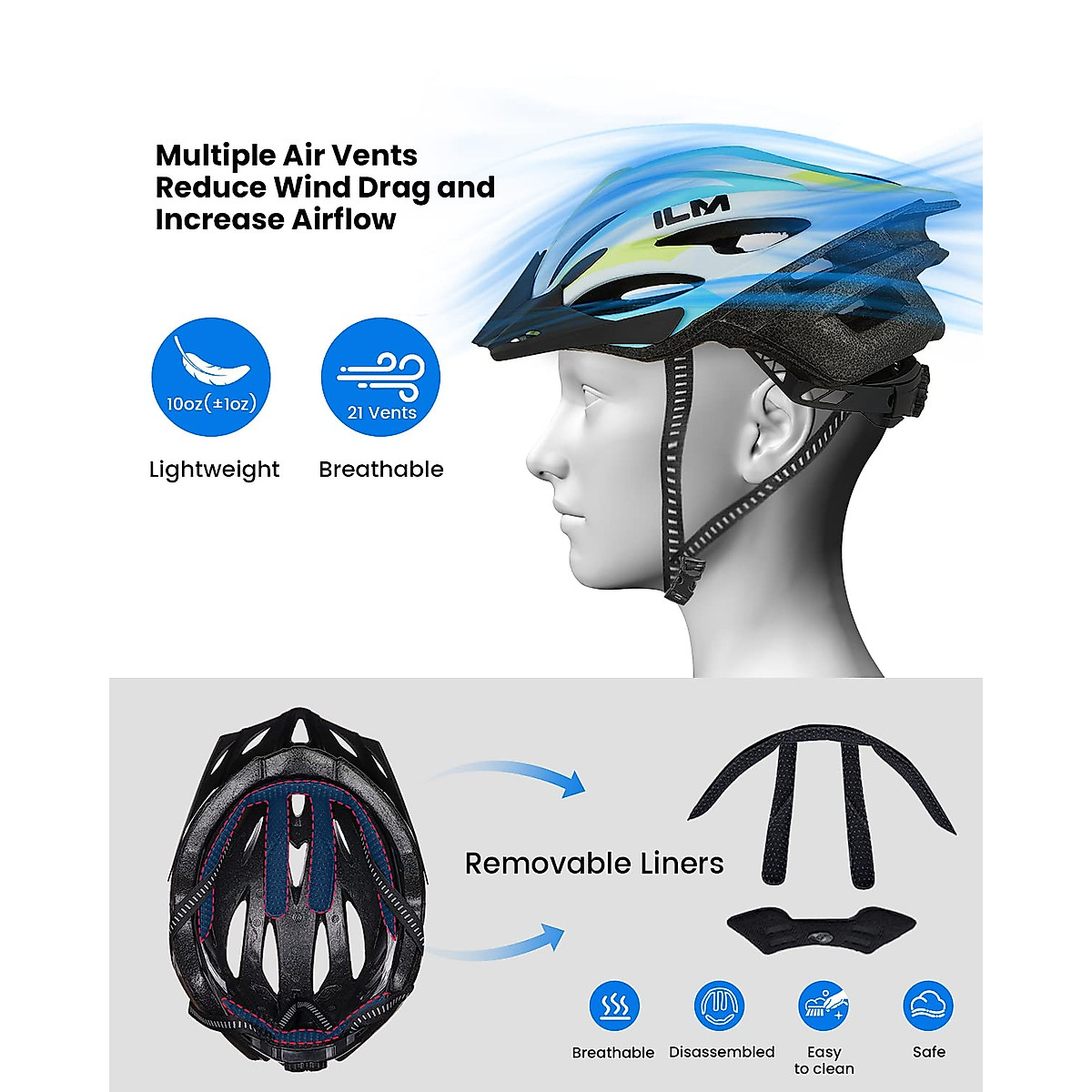 ILM Adult Men & Women Bike Bicycle Helmet, Lightweight Child Youth Mountain Road Cycling Helmets with Dial Fit Adjustment Model B2-21 (Ice Cream, XXL)