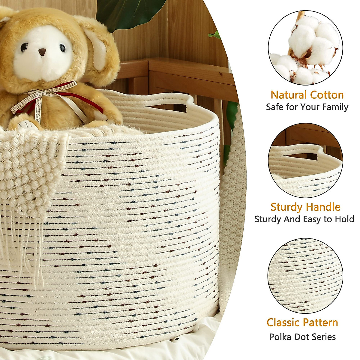KAKAMAY Large Cotton Rope Blanket Basket (18"x16"),Woven Baby Laundry Hamper，Blanket Basket for Nursery, Laundry, Living Room, Pillows, Toys with Leather Handles （White）