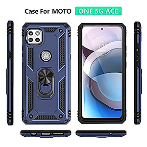 Military Grade Drop Impact for Moto One 5G Ace Case Motorola One 5G Ace G 5G Case 360 Metal Rotating Ring Kickstand Holder Armor Heavy Duty Shockproof Case for One 5G Ace Phone Case (Blue)