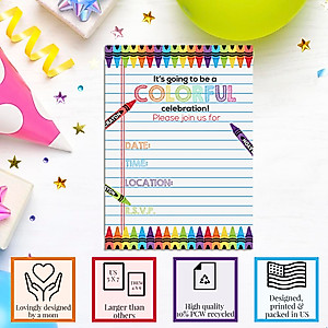 Amanda Creation Colorful Rainbow Crayons themed Birthday Party Fill in Invitations, set of twenty, includes envelopes