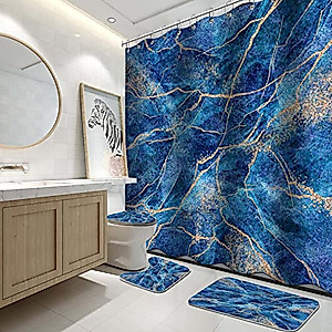 KINUUIS 4PC Blue Marble with Gold Bathroom Shower Curtain Sets Abstract Bathroom Sets Indigo Luxury Bathroom Sets with Rugs and Accessories Vintage Shower Curtain for Bathroom Decoration
