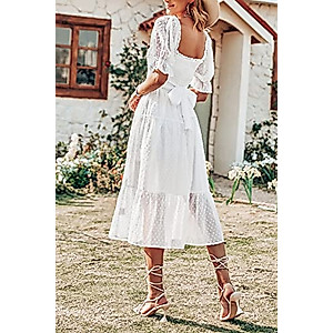 MEROKEETY Women's White Dress Summer Square Neck Puff Sleeve Boho Midi Dress Swiss Dot Ruffle Flowy Tie Back Dress, White, S