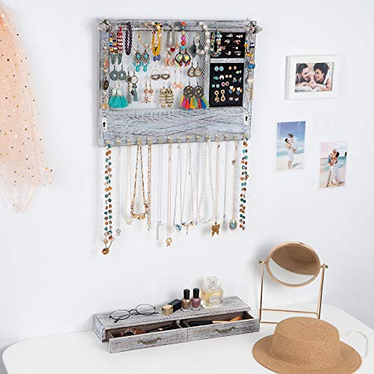 Dhmkfly Jewelry Wall Organizer Wall Mounted, Jewelry Hanger Display Rack Earring with Drawers, for Earring/Stud/Ring/Necklace/Bracelets Accessories Bangles Holder Girls Gift (White)