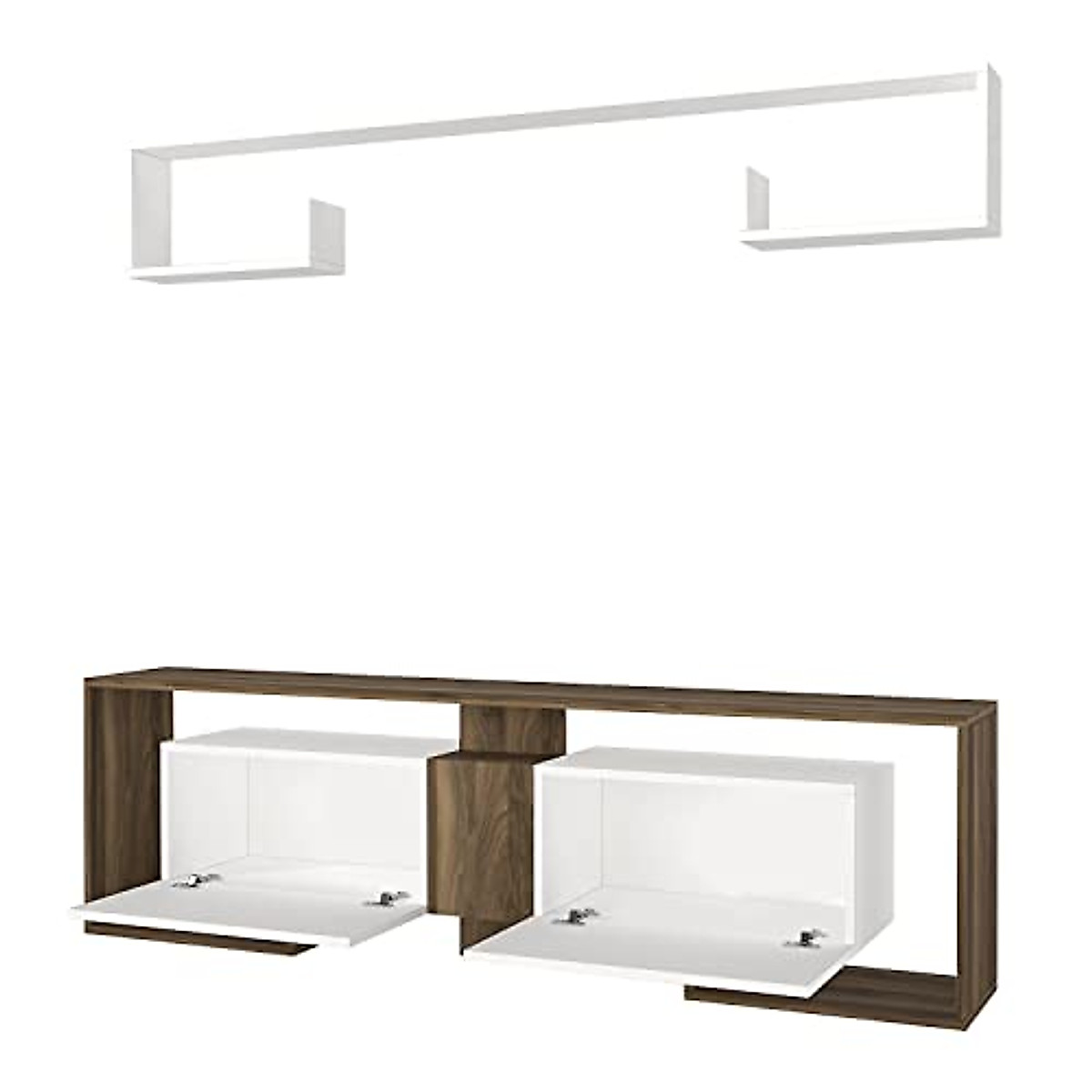 The Urban Port 71-Inch Wooden TV Console Entertainment Media Center, 2-Piece Set, Wall Mounted Floating Shelf, White and Brown