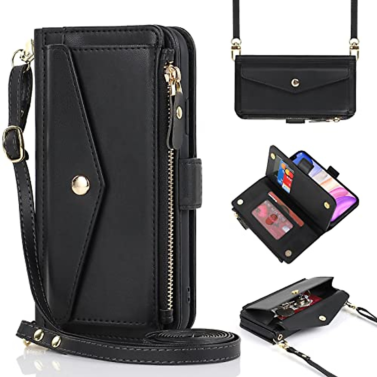 DEYHU for iPhone 13 pro max Wallet case,iPhone 13 pro max Phone case with Zipper Card Holders for Women Slots Crossbody Flip Folio Book Cover with Credit Card Holder Men case - Black