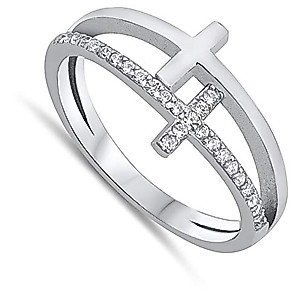 White CZ Double Cross Christian Love Ring .925 Sterling Silver Band Size 7