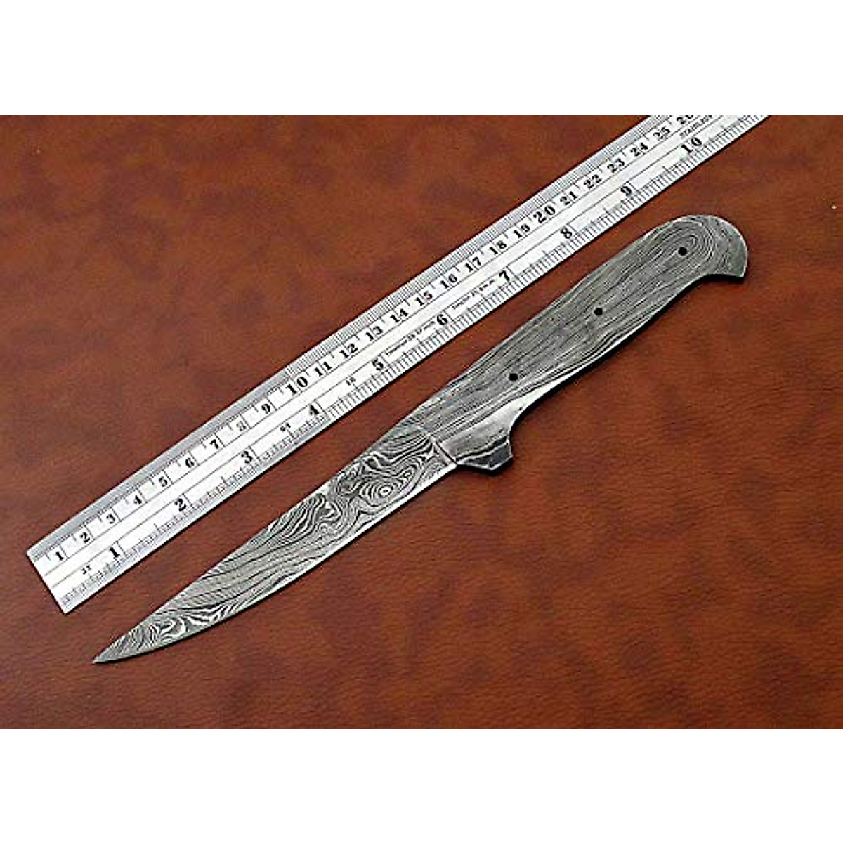 Damascus steel straight back blank blade 9.5 inches long hand forged skinning knife with 3 Pin hole, 5 inches cutting edge, 4.5" scale space, knife making supplies