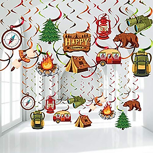 30 Pieces Happy Camper Party Hanging Swirls, Camping Adventure Bears Sign Foil Swirls Ceiling Decorations for Boy Girl Camping Theme Birthday Party Baby Shower Indoor Outdoor Decoration Supplies