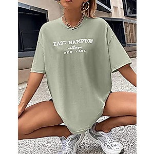 Lauweion Women Drop Shoulder East Hampton Letter T-Shirt Oversized Graphic Baggy Trendy Tee Shirt Top Green