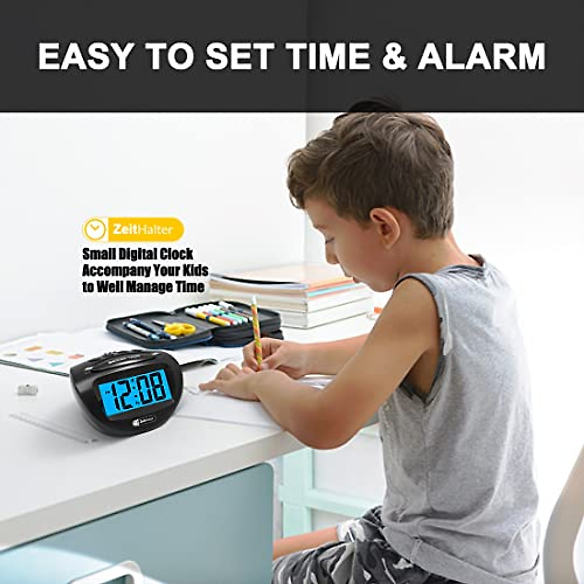 ZEITHALTER LCD Digital Alarm Clock Battery Operated Only Small, Blue Backlight,Ascending Alarm Volume, Simple Basic Clock for Bedroom/Desk/Travel…