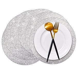 50 Pieces Silver Glitter Paper Place Mats Sparkle 14'' Round Disposable Table Mats Silver Sequin Doilies Decorative Placemats for Wedding Banquet Party Home Dining Tableware