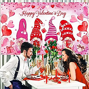 Happy Valentine's Day Backdrop Banner Gnome Photography Background Red Love Heart Photo Background Valentines Day Decor for Valentine Party Supplies, Propose Marriage Decorations, 72.83 x 43.3 Inch