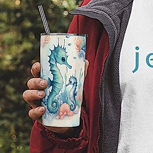 KIOWEIR Cute Seahorse Stainless Steel Tumbler 20oz With Lid And Straw, Insulated Tumblers Coffee Cup, Travel Mug for Ice Drink & Hot Beverage for Women Men Boys Girls