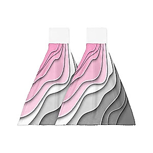 Chucoco Modern Pink Grey White Color Ombre Kitchen Hanging Towel, Set of 2 Absorbent Soft Hand Tie Towel Contemporary Ripple Stripe Durable Tea Bar Dish Towels for Bathroom Laundry Room Decor