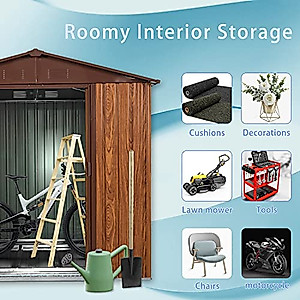 SUNDALY 6'x 6' Wood Look Outdoor Storage Shed with Door, Window & Lock, Waterproof Metal Garden Tool Storage Shed with Floor Frame for Backyard Patio Lawn,Brown