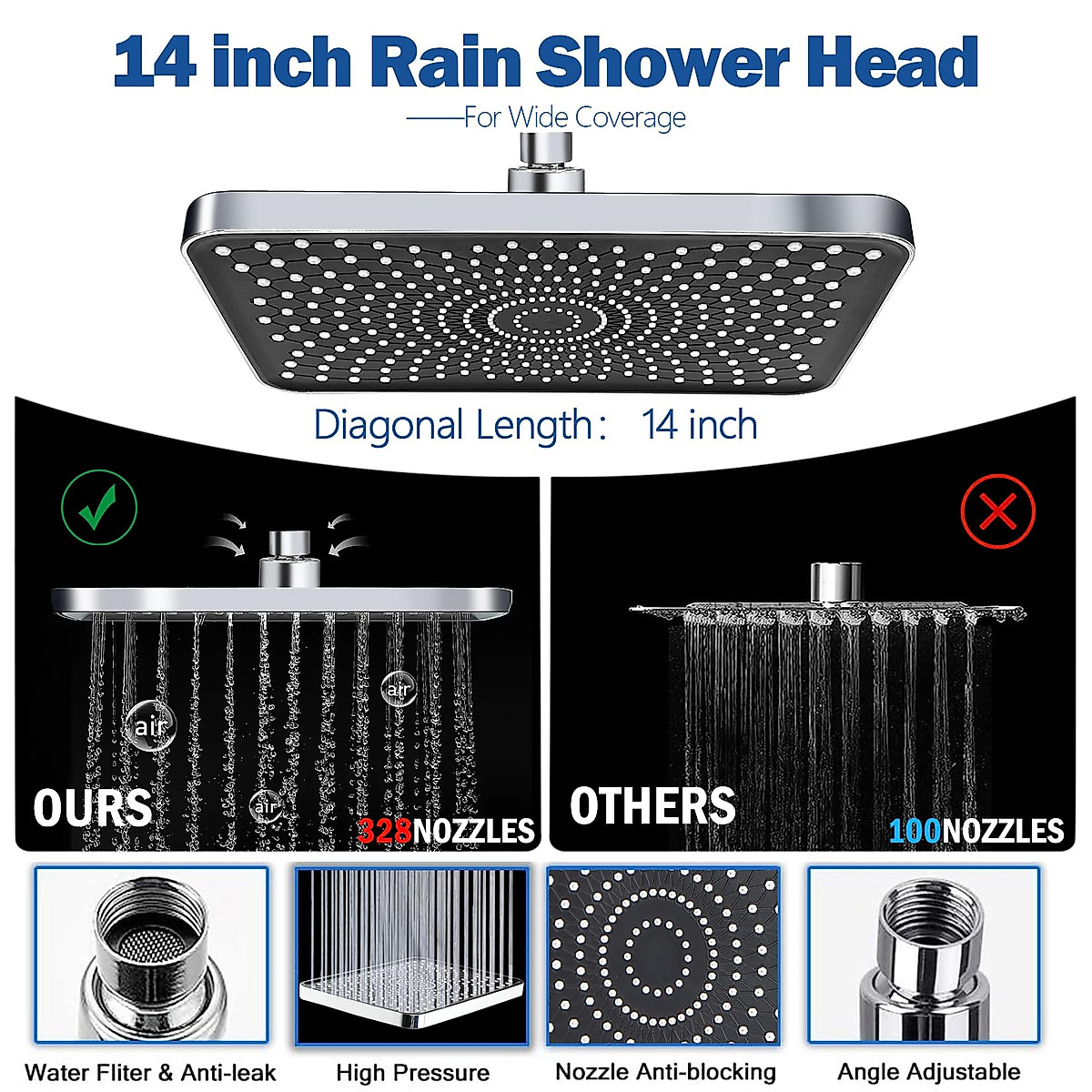 Shower Head,14”Rain Shower Head with Handheld Spray Combo with ON/OFF Pause Switch and 11'' Angle Adjustable Extension Arm/Flow Regulator，High Pressure Nozzle Easy to Clean Bathtub,Chrome
