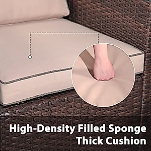 JOIVI PE Wicker Patio Furniture Set, 5 Piece Outdoor Sectional Conversation Sofa Set with Storage Box, Brown Rattan Loveseat Couch Sofa and Tempered Glass Table, Beige Cushions