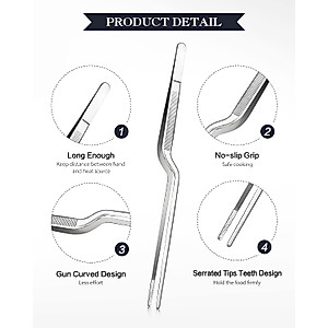 12-inch Cooking Tweezer and Offset Tweezer Set, Tongs Precision Serrated Tips, Stainless Steel Professional Chef Tweezer Kitchen Tools for BBQ, Plating and Serving