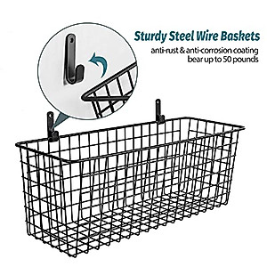 4 Set [Extra Large] Hanging Wall Basket for Storage, Wall Mount Sturdy Steel Wire Baskets, Metal Hang Cabinet Bin Wall Shelves, Rustic Farmhouse Decor, Kitchen Bathroom Organizer, Black