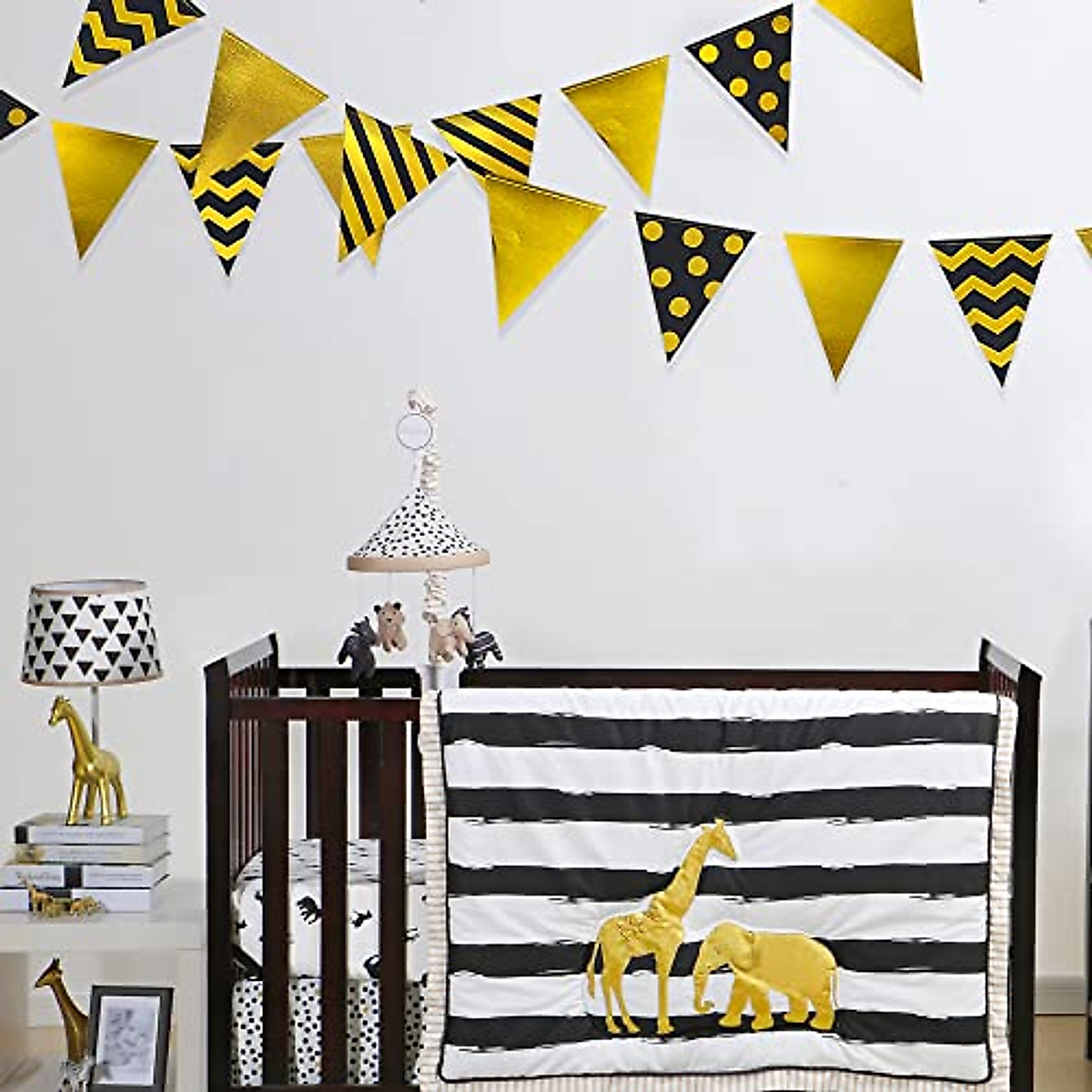 39 Ft Black Gold Triangle Pennant Banner Metallic Foil Polka Dot Stripe Paper Flag Bunting Garland Streamer for Birthday Anniversary Graduation Wedding Bridal Shower Party Decorations Supplies