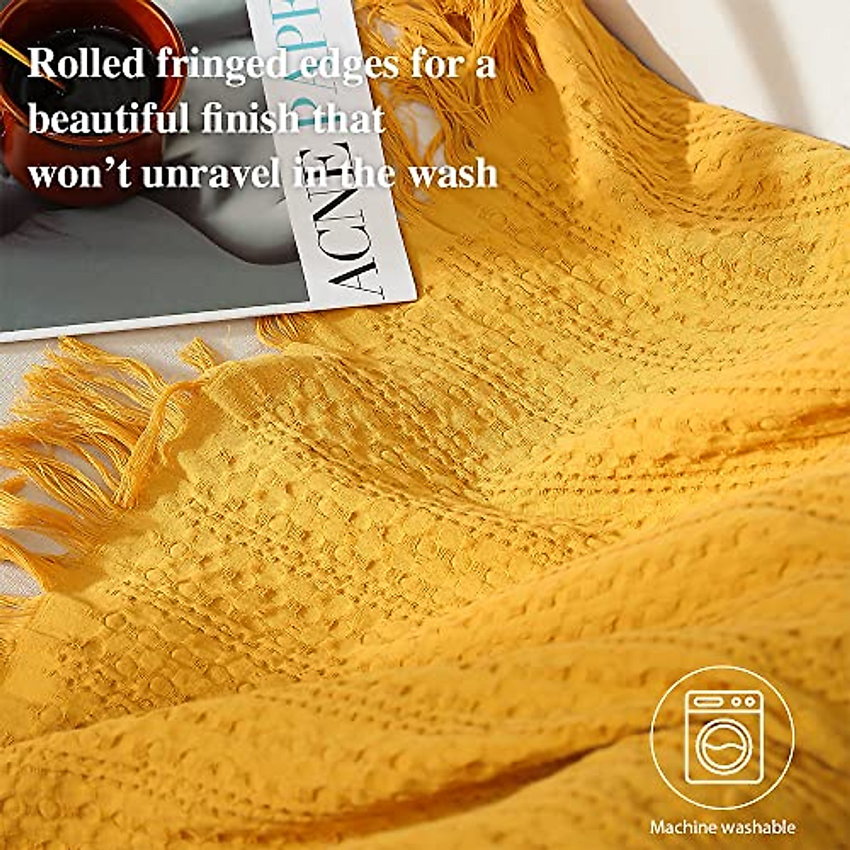 Simple&Opulence 100% Cotton Throw Blanket for Couch, Bed, Waffle Weave Knit Blanket with Tassels, Soft Lightweight Pre-Washed Breathable Cozy Blanket Farmhouse Decoration for All-Season (Gold Yellow)