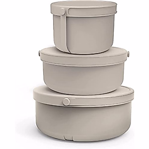 KVK Silicone Food Storage Bowl Large Lunch Container with Leakproof Strap(16.9oz, 25.4oz, 42.3oz) - Reusable for Bento Box, Food Leftover Storage, Meal Prep with Lid - Oven Freezer Safe - Light Grey