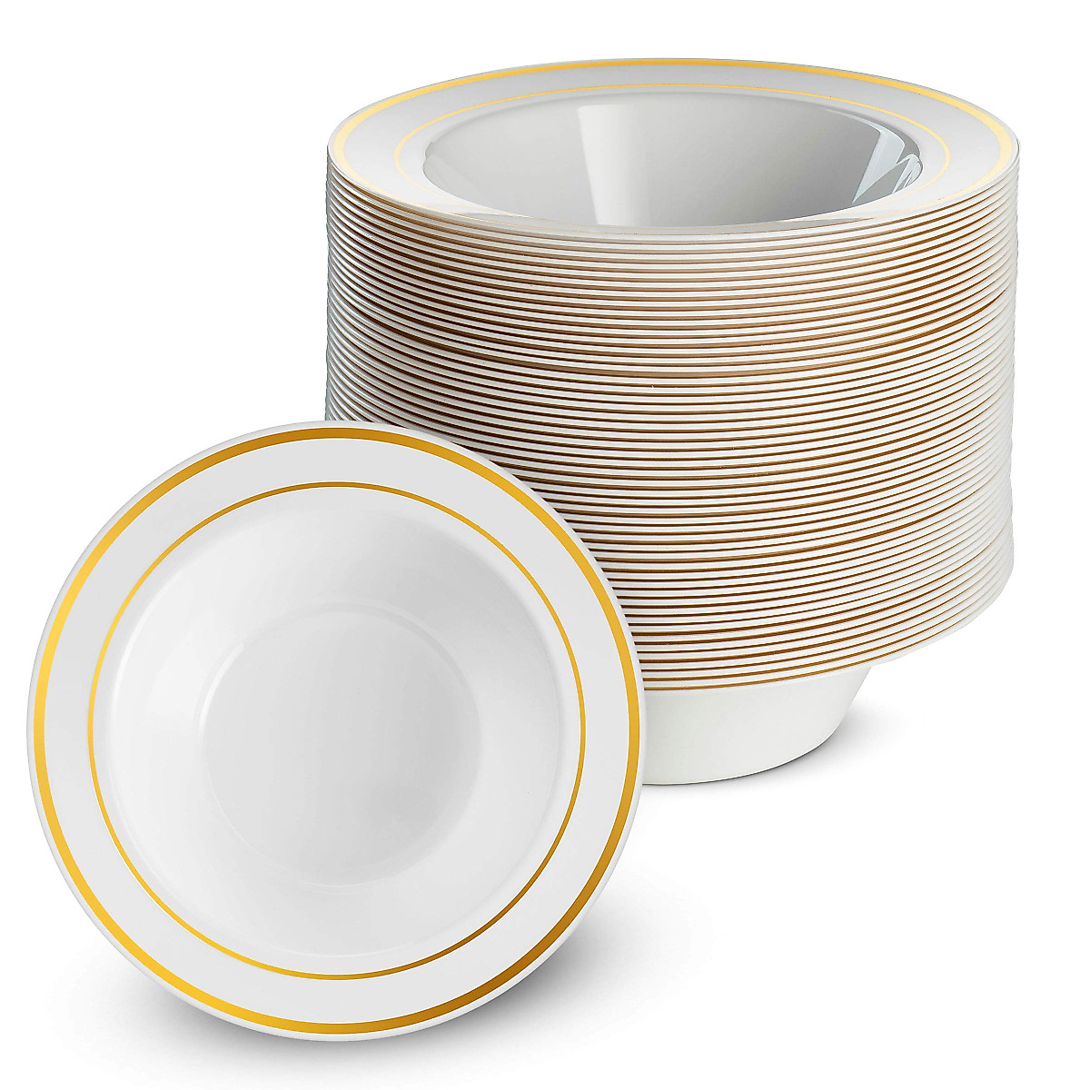 BloominGoods 50 Disposable White Gold Trim Plastic Dessert Bowls | SMALL 6 oz. Premium Heavy Duty Disposable Dinnerware with Real China Design | Safe & Reusable and Great for Parties (50-Pack)