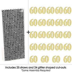 Gold Glitter 60 Party Straws - No-Mess Real Gold Glitter Cut-Out Numbers & Decorative 60th Birthday Party Paper Straws - Set of 24