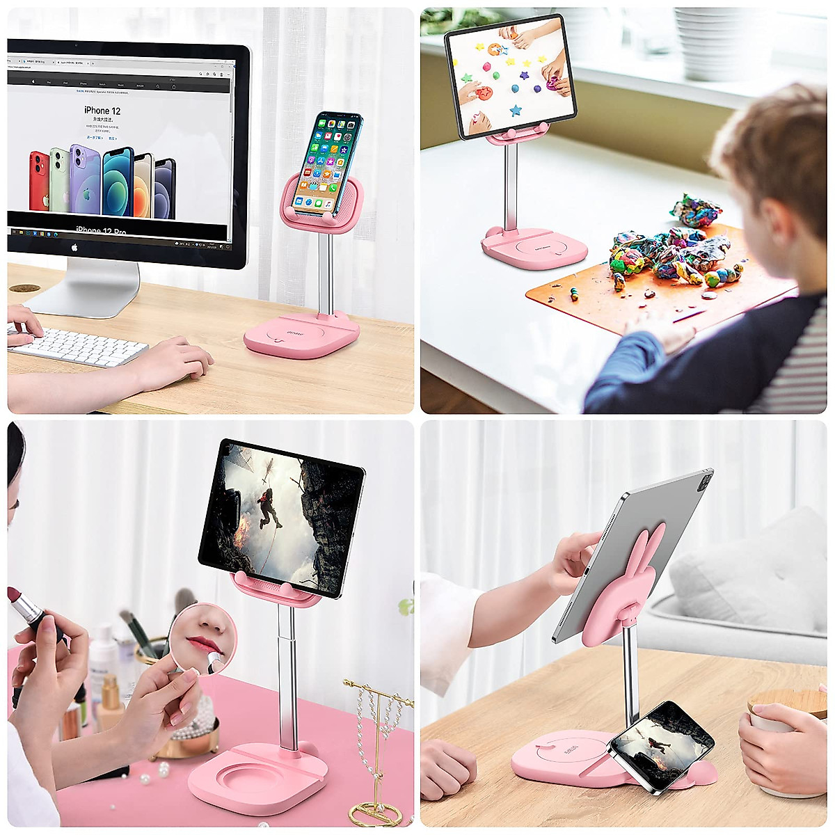 OATSBASF Cute Bunny Tablet Stand for Desk, Adjustable Height Tablet Stand Holder Dock Compatible with iPad, Pro 9.7, 10.5, 12.9 Air Mini, Tablet, Kindle, Nexus, Tab, E-Reader (4-13") (Pink Plus)