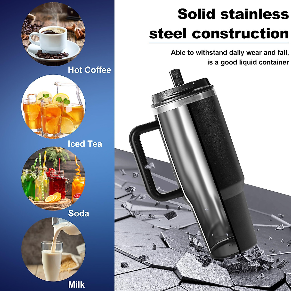 Klickpick Home 40 Ounce Stainless Steel Vaccum Insulated Thermal Tumbler With Handle Lid 2 straws, Reusable Travel Coffee Mug Cup Cupholder friendly, Keeps cold for 30 H, 100% Leakproof, Black