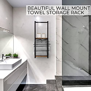 Stylish Bathroom Towel Storage Rack with Wooden Shelves – Modern & Space Saving Organizer for Wall Mount That Easily Holds 8 Large Towels - The Perfect Towel Holder to Enhance Your Bathroom Decor