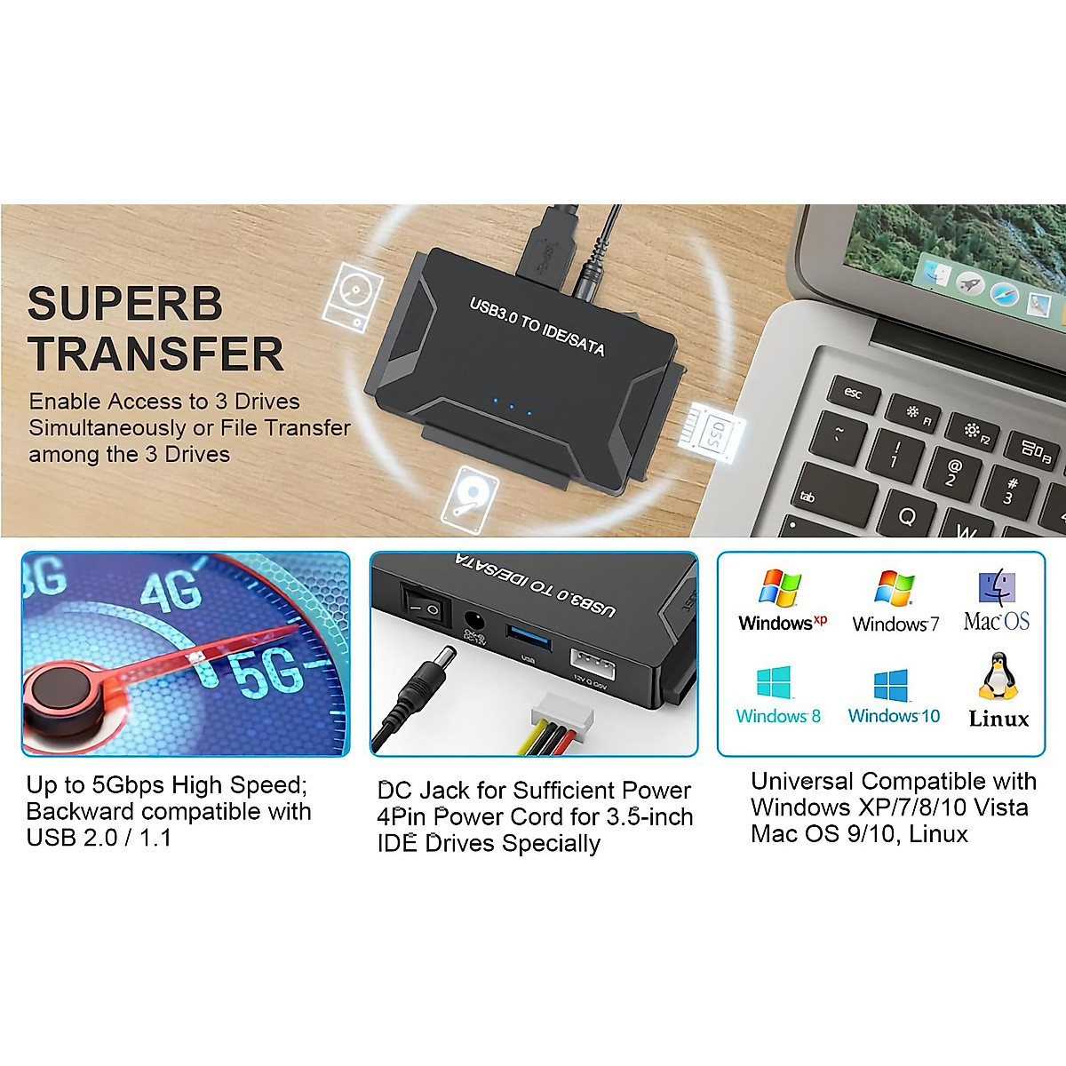 EYOOLD SATA IDE to USB 3.0 Adapter, External Hard Drive Reader USB + Type C Ultra Recovery Converter for Universal 2.5" 3.5" HDD/SSD CD/DVD Optical Drives